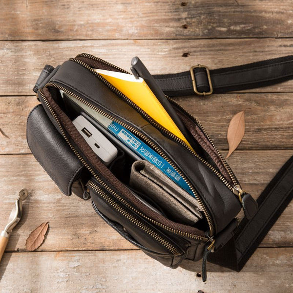 Black Leather Messenger Bag Men's Black Crossbody Bag Small Black Mess ...