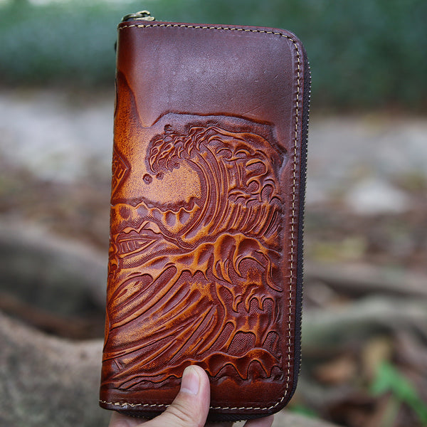 Brown Leather Japanese Samurai Tooled Zip Wallet Handmade Clutch Walle ...