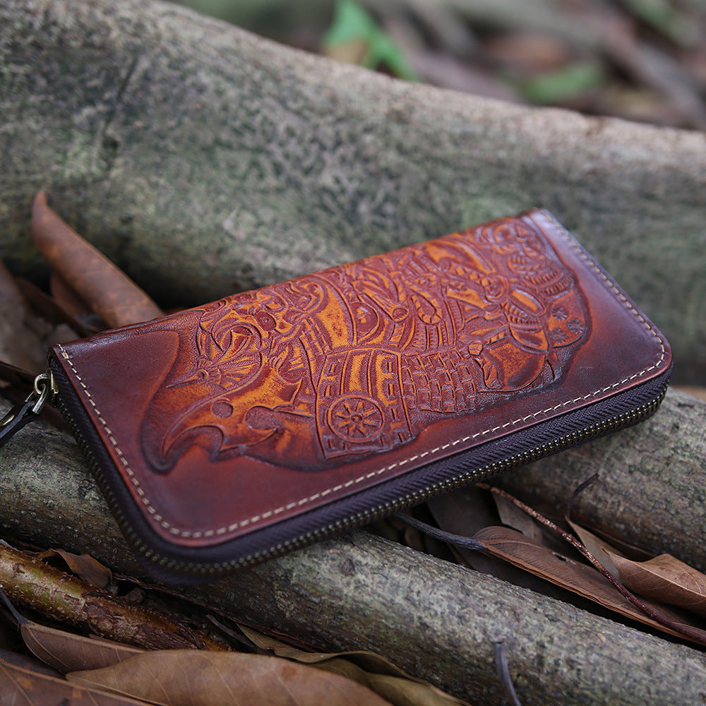 Brown Leather Japanese Samurai Tooled Zip Wallet Handmade Clutch Walle ...