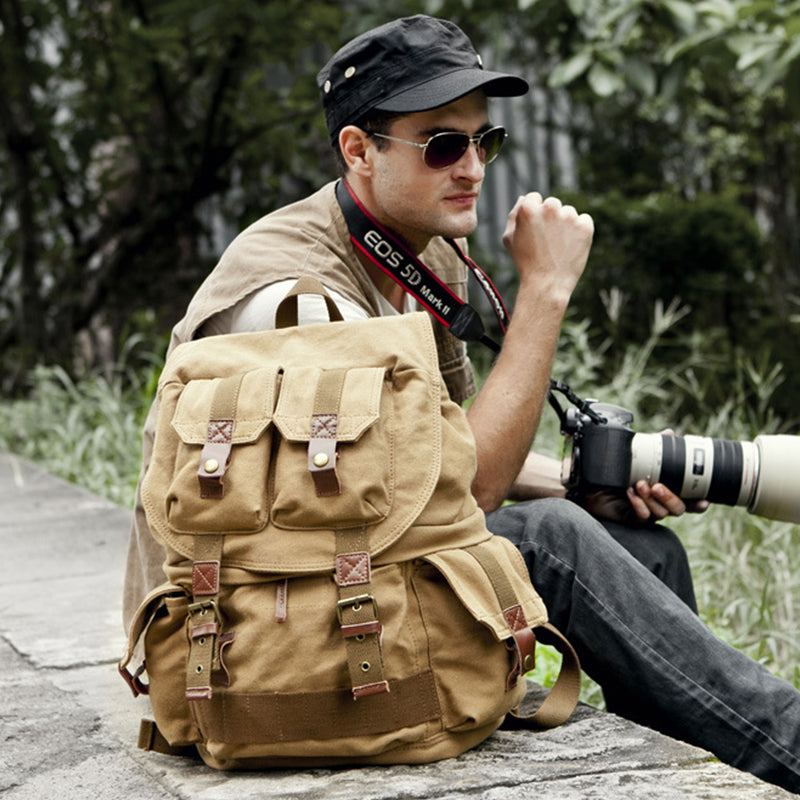 Khaki Canvas Waterproof Mens 16'' Camera Backpack Army Green Large NIK ...