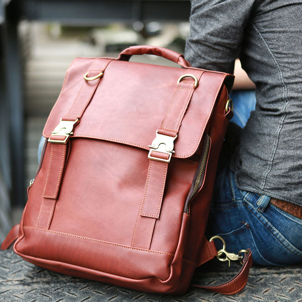Red Brown Leather Mens Backpack Travel Backpacks Laptop Backpack for m ...